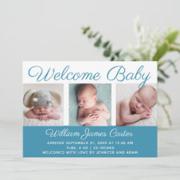 Welcome Baby Boy Blue Photo Cursive Script Birth Announcement | Zazzle