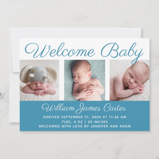 Welcome Baby Boy Blue Photo Cursive Script Birth Announcement | Zazzle.com