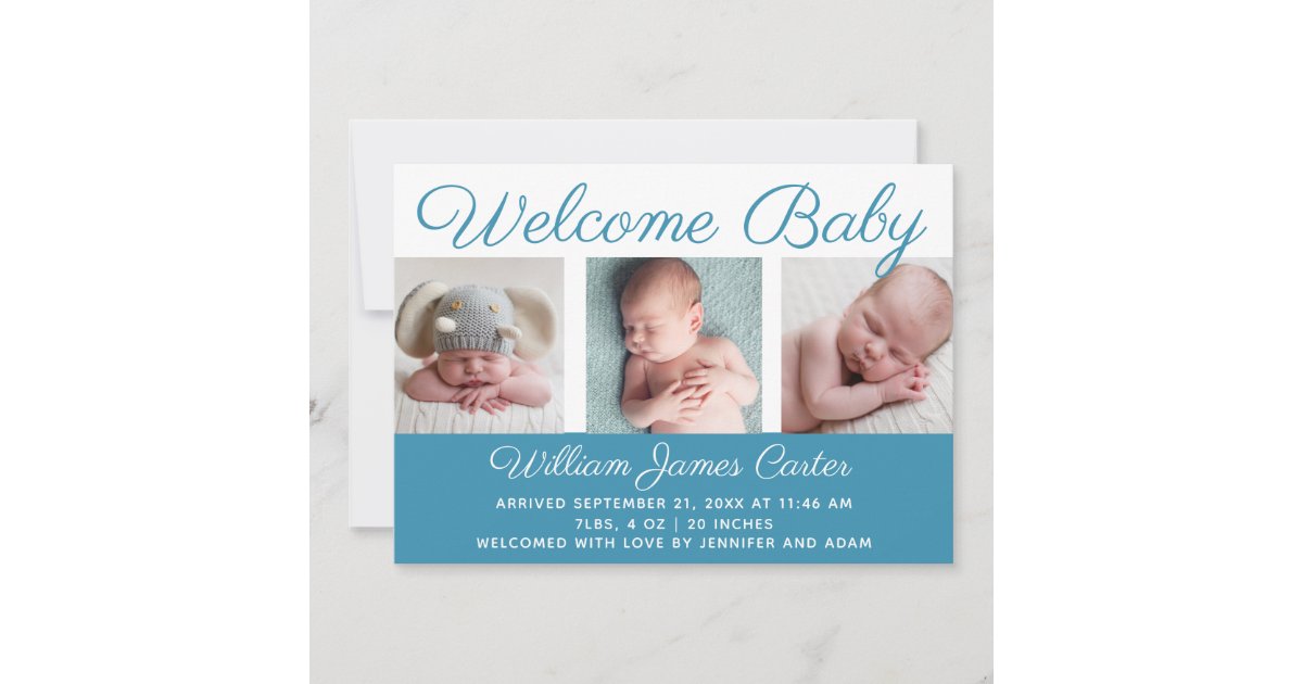 Welcome Baby Boy Blue Photo Cursive Script Birth Announcement | Zazzle