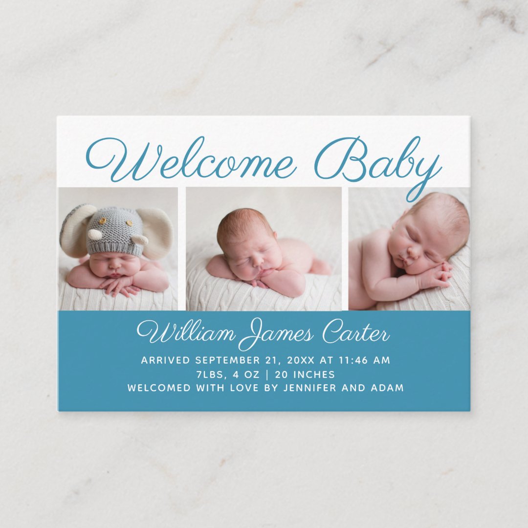 Welcome Baby Boy Blue Photo Cute Small Birth Enclosure Card | Zazzle
