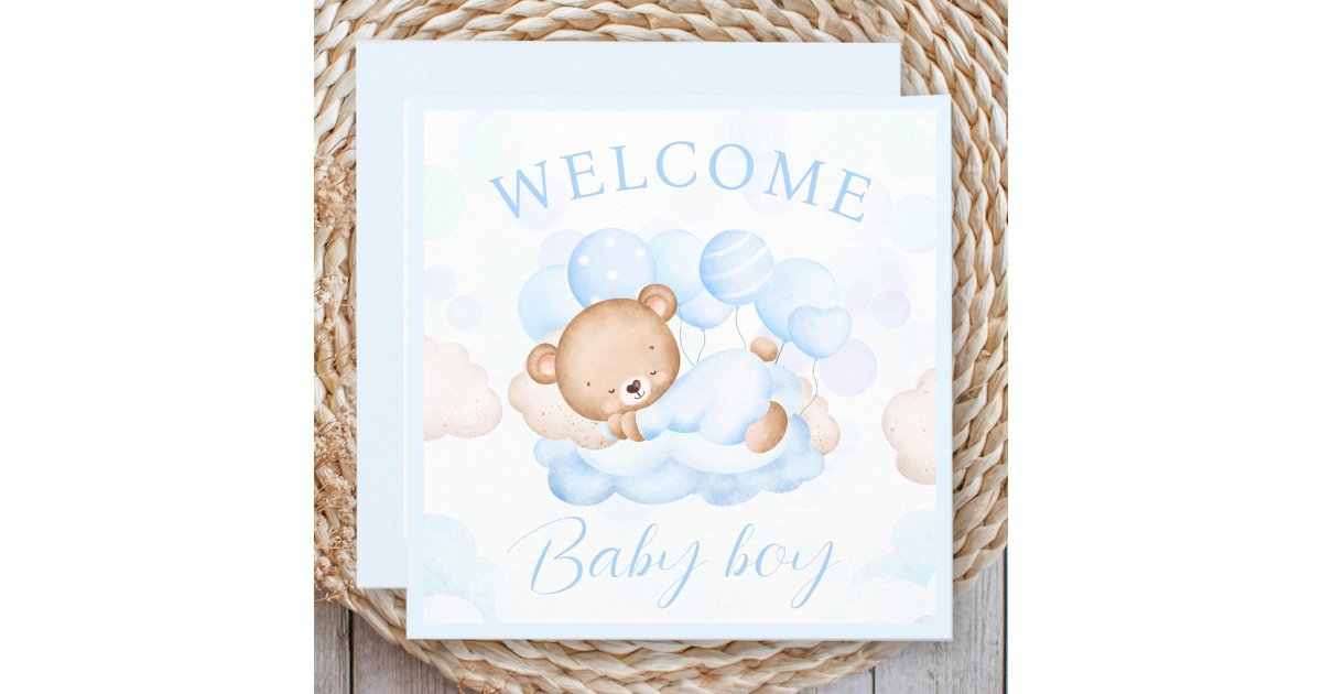 Welcome Baby Boy Name Blue Bear Card | Zazzle