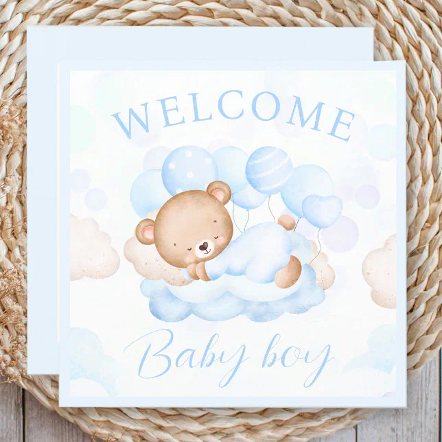Welcome Baby Boy Name Blue Bear Card | Zazzle