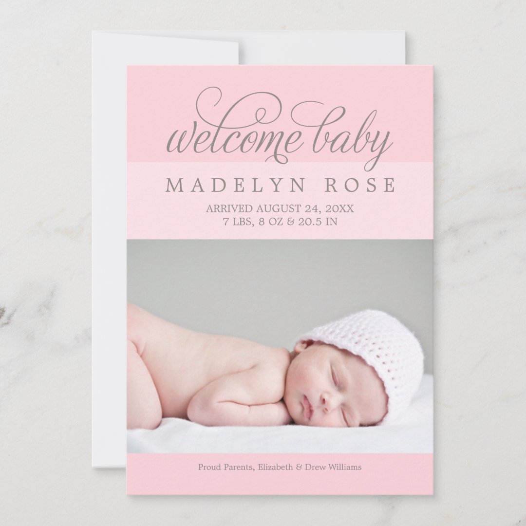 Welcome Baby Girl | Elegant Light Pink Photo Birth Announcement | Zazzle