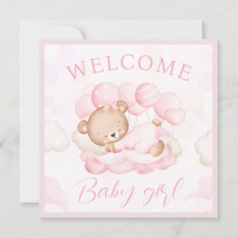 Welcome Baby Girl Name Personalized Pink Bear Card | Zazzle