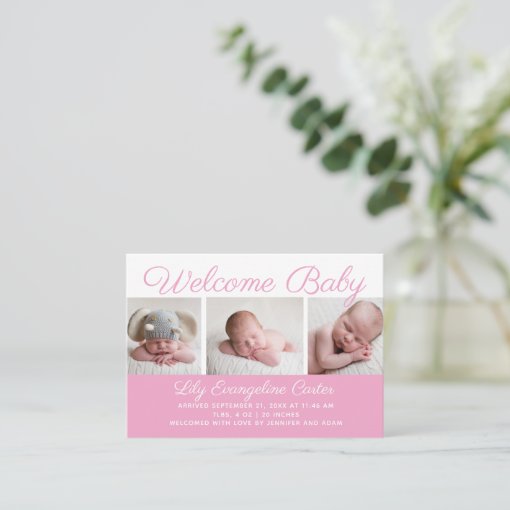 Welcome Baby Girl Photo Pretty Pink Cursive Script Enclosure Card | Zazzle