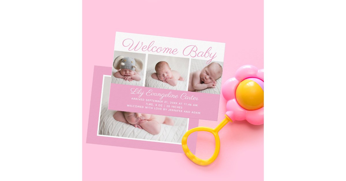 Welcome Baby Girl Photo Pretty Pink Cursive Script Enclosure Card | Zazzle