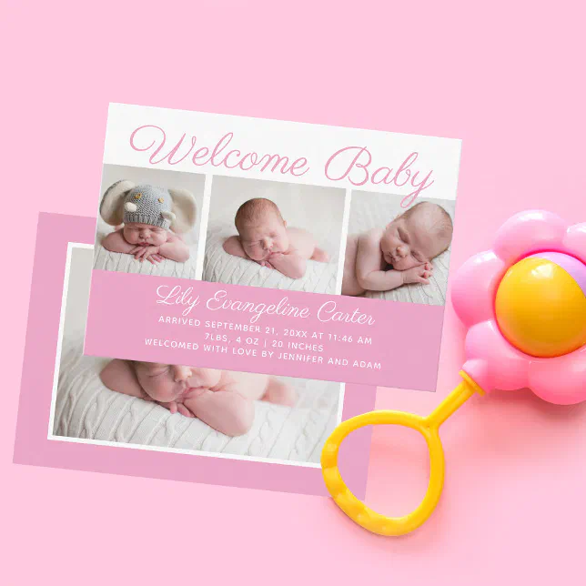 Welcome Baby Girl Photo Pretty Pink Cursive Script Enclosure Card | Zazzle
