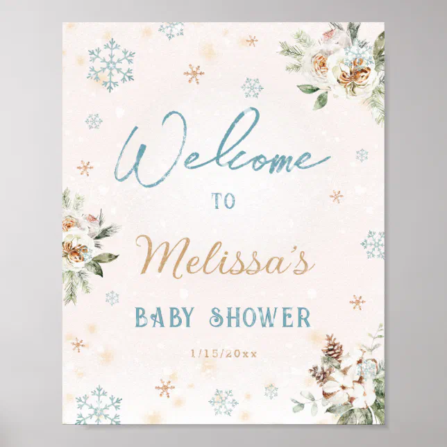 Welcome Baby Shower Winter Wonderland Snowflake Poster | Zazzle