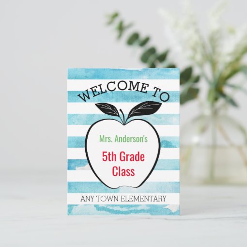 Welcome Back to School, Apple & Watercolor Stripes Postcard | Zazzle