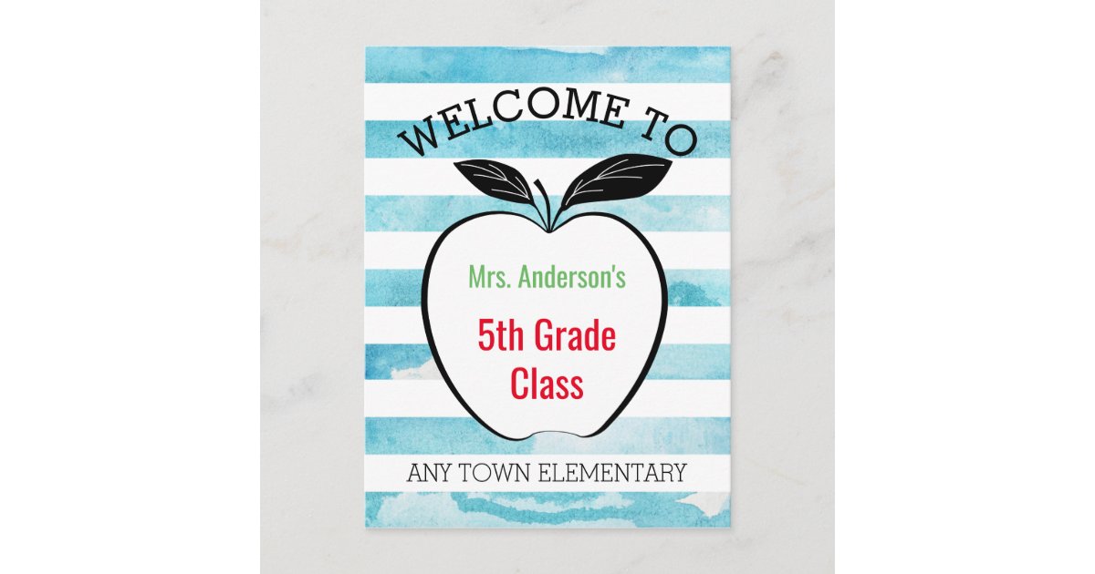 Welcome Back to School, Apple & Watercolor Stripes Postcard | Zazzle