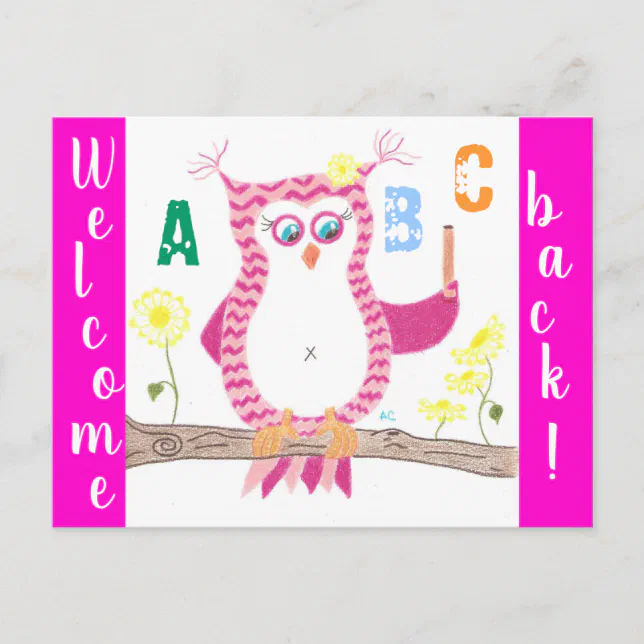 Welcome back to school pink chevron owl postcard | Zazzle