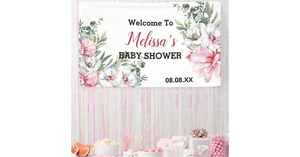 Welcome backdrop banner magnolia pink white floral | Zazzle