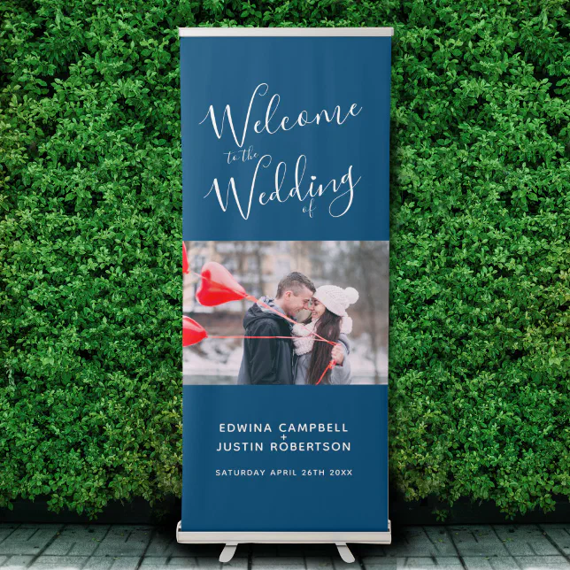 Welcome banner script personalized dark blue photo | Zazzle