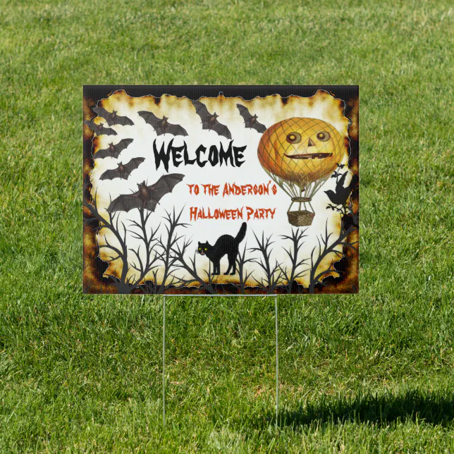 Welcome Bat Pumpkin Cat Tree Halloween Party Sign | Zazzle