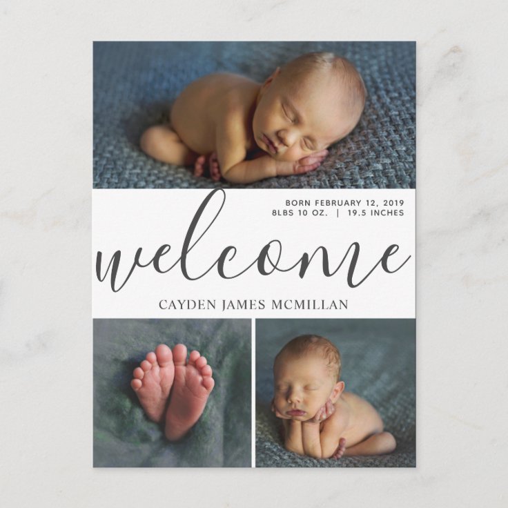 Welcome Birth Announcement Three Photo Postcard | Zazzle