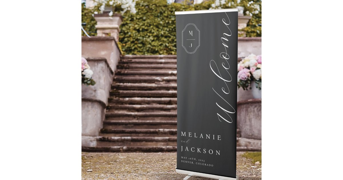 Welcome Black & White Personalized Monogram Crest Retractable Banner ...