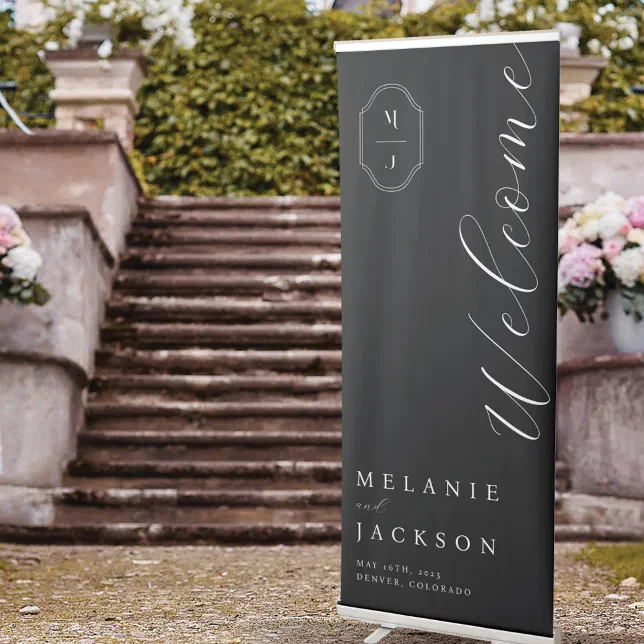 Welcome Black & White Personalized Monogram Crest Retractable Banner ...