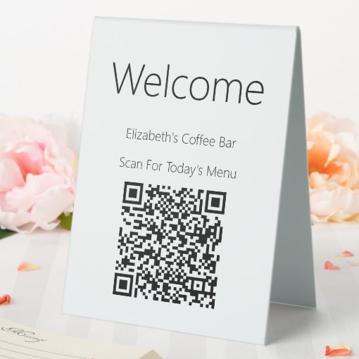 Welcome Black White Scan QR Code for Menu Template Table Tent Sign | Zazzle