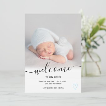 Welcome blue script heart photo boy baby birth announcement | Zazzle