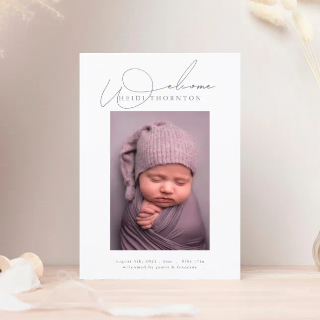 Welcome bold frame photo baby birth announcement | Zazzle