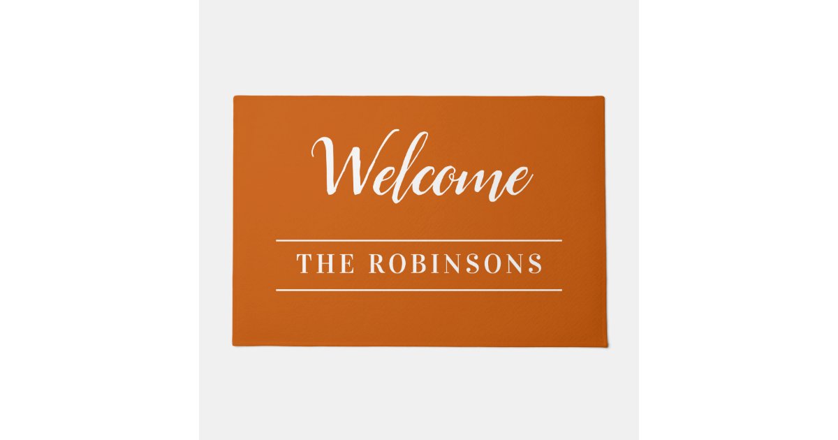 Welcome Burnt Orange Personalized Family Name Doormat | Zazzle