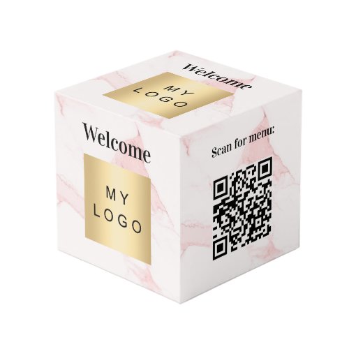 Welcome business logo QR code marble menu table Cube | Zazzle