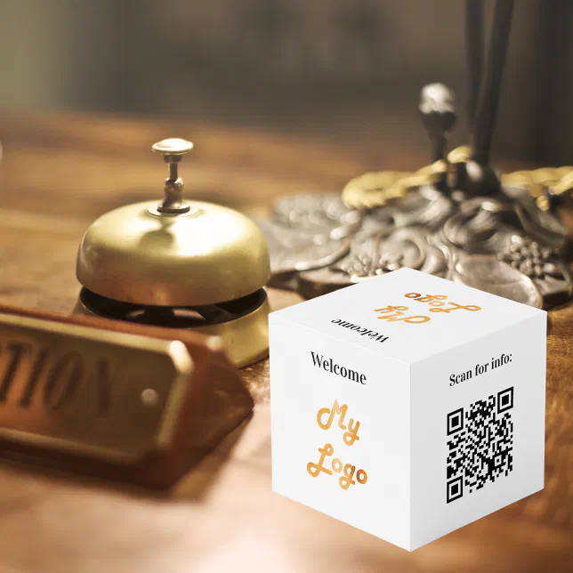 Welcome business logo QR code menu white table Cube | Zazzle