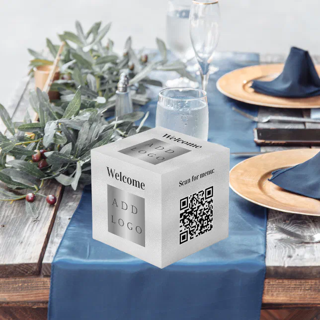 Welcome business logo QR code silver menu table Cube | Zazzle