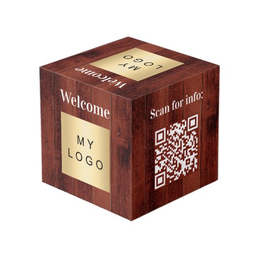 Welcome business logo QR code wood menu table Cube | Zazzle