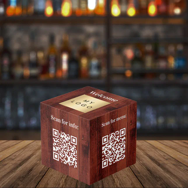 Welcome business logo QR codes wood info table Cube | Zazzle