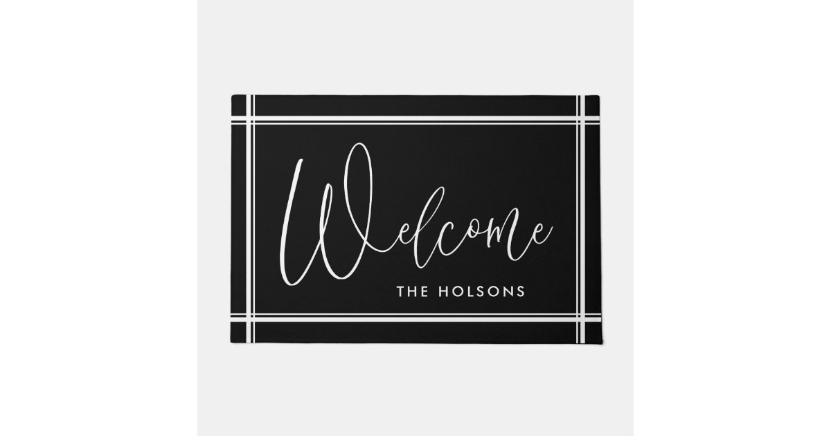 Welcome Calligraphy Script Last Name Black Doormat | Zazzle
