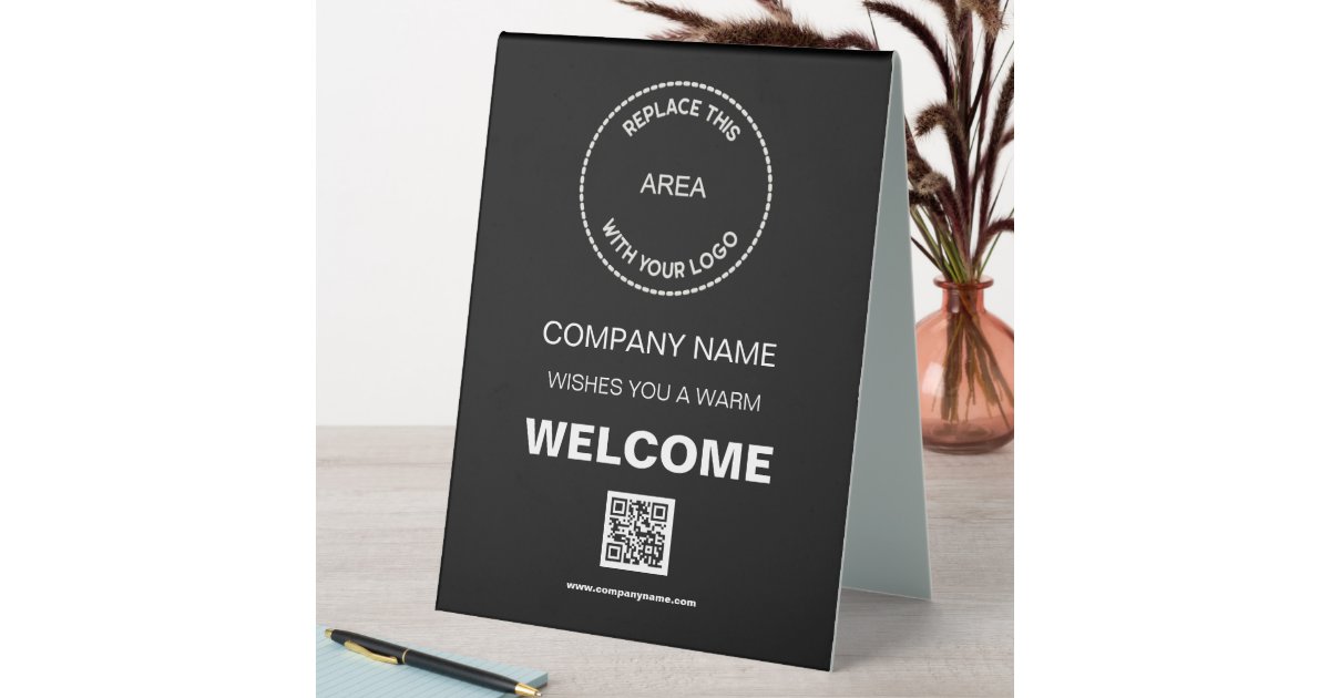Welcome Company Event Your Logo QR Code Black Table Tent Sign | Zazzle