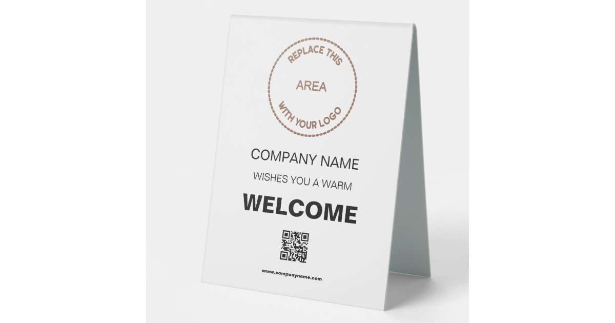 Welcome Company Event Your Logo QR Code White Table Tent Sign | Zazzle