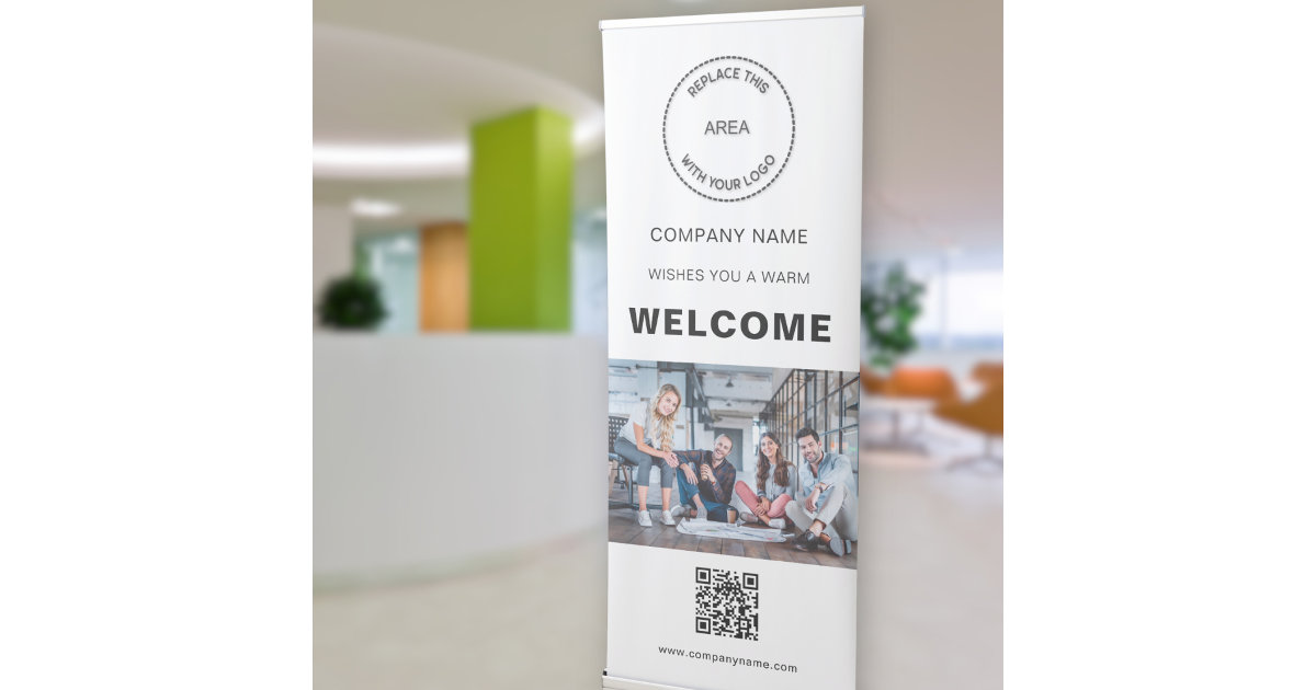 Welcome Company Logo Photo QR Code Custom Retractable Banner | Zazzle