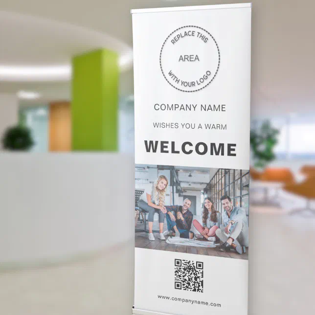 Welcome Company Logo Photo QR Code Custom Retractable Banner | Zazzle
