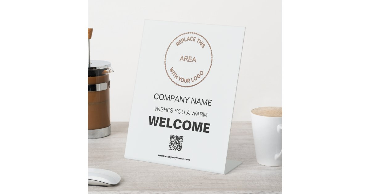 Welcome Company Your Logo QR Code white Pedestal Sign | Zazzle