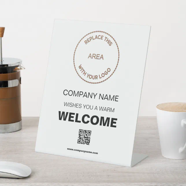 Welcome Company Your Logo QR Code white Pedestal Sign | Zazzle