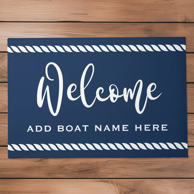 Welcome custom boat name rope border dark blue doormat | Zazzle
