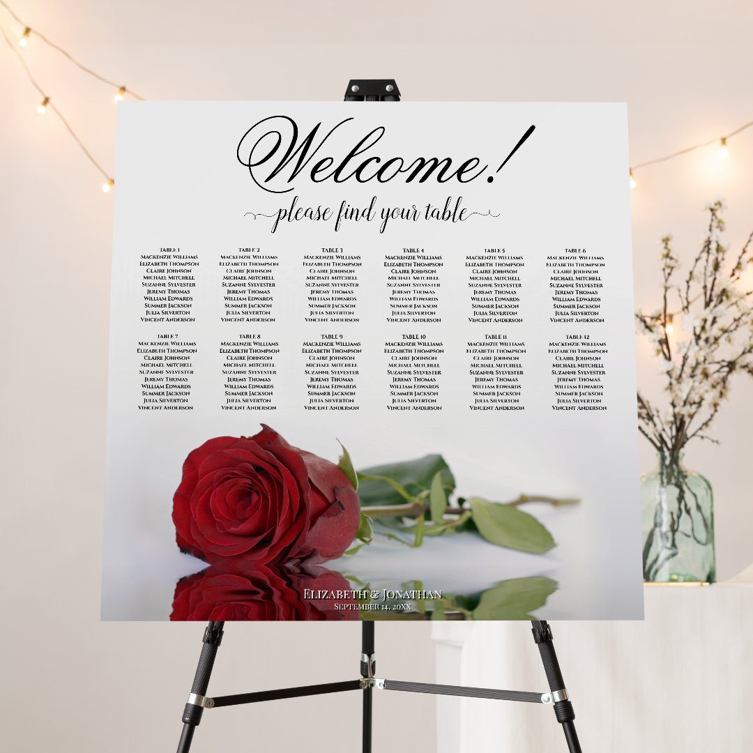 Welcome! Elegant 12 Table Red Rose Seating Chart Foam Board | Zazzle