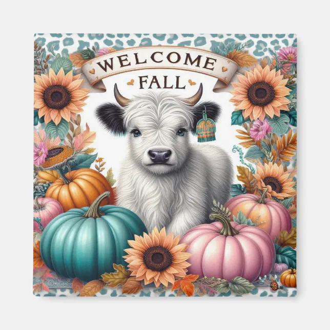 Welcome Fall With A Cute Cow Among Pumpkins Magnet | Zazzle