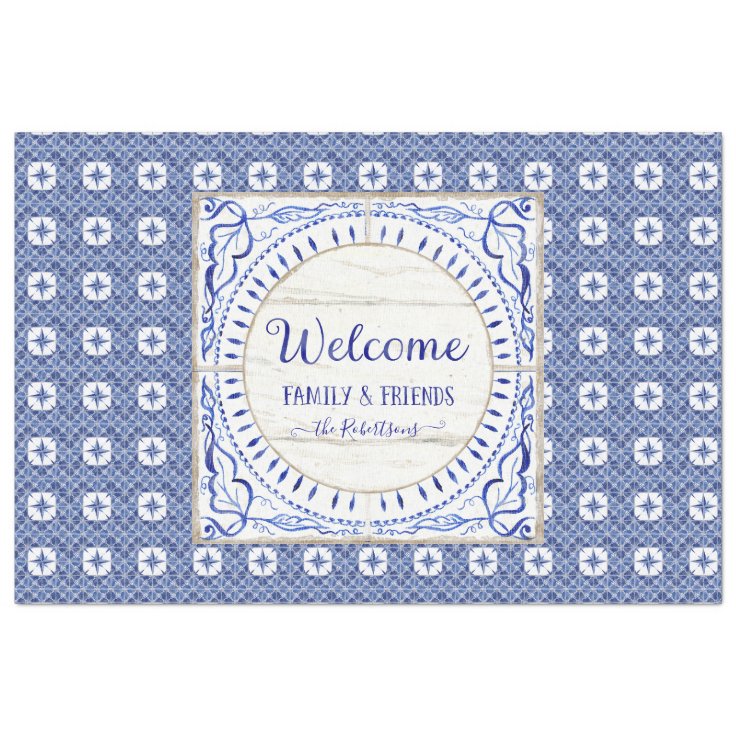Welcome Farmhouse Tile Blue White Family Decoupage Tissue Paper | Zazzle