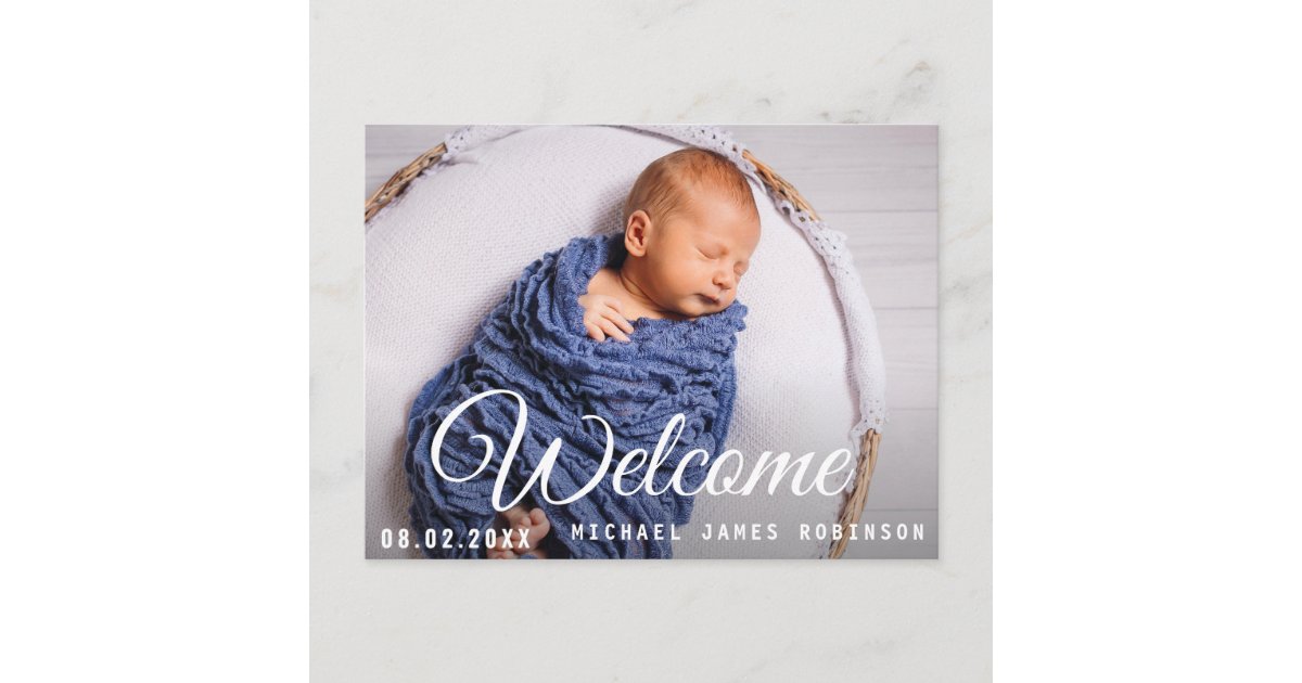 WELCOME, fun script baby announcement postcard | Zazzle