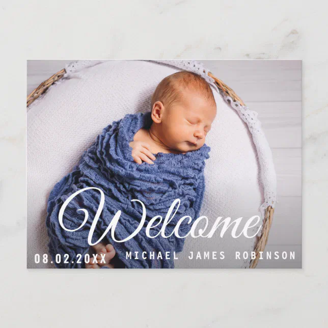 WELCOME, fun script baby announcement postcard | Zazzle