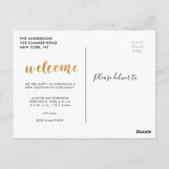 WELCOME, fun script baby announcement postcard | Zazzle