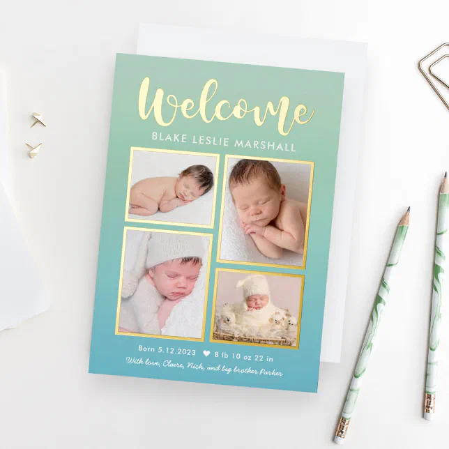 Welcome Gallery Foil Baby Birth Announcement | Zazzle