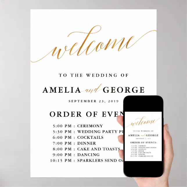 Welcome gold faux order of events wedding sign | Zazzle