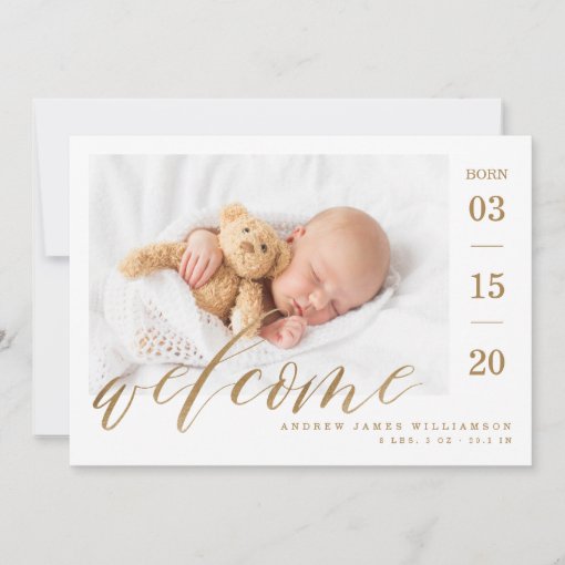 Welcome Gold Script Baby Birth Stats & Photo Announcement | Zazzle
