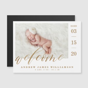 Welcome Gold Script Baby Birth Stats & Photo Magnetic Invitation | Zazzle