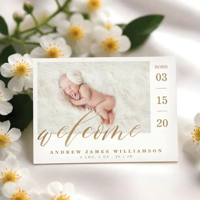 Welcome Gold Script Baby Birth Stats & Photo Magnetic Invitation | Zazzle