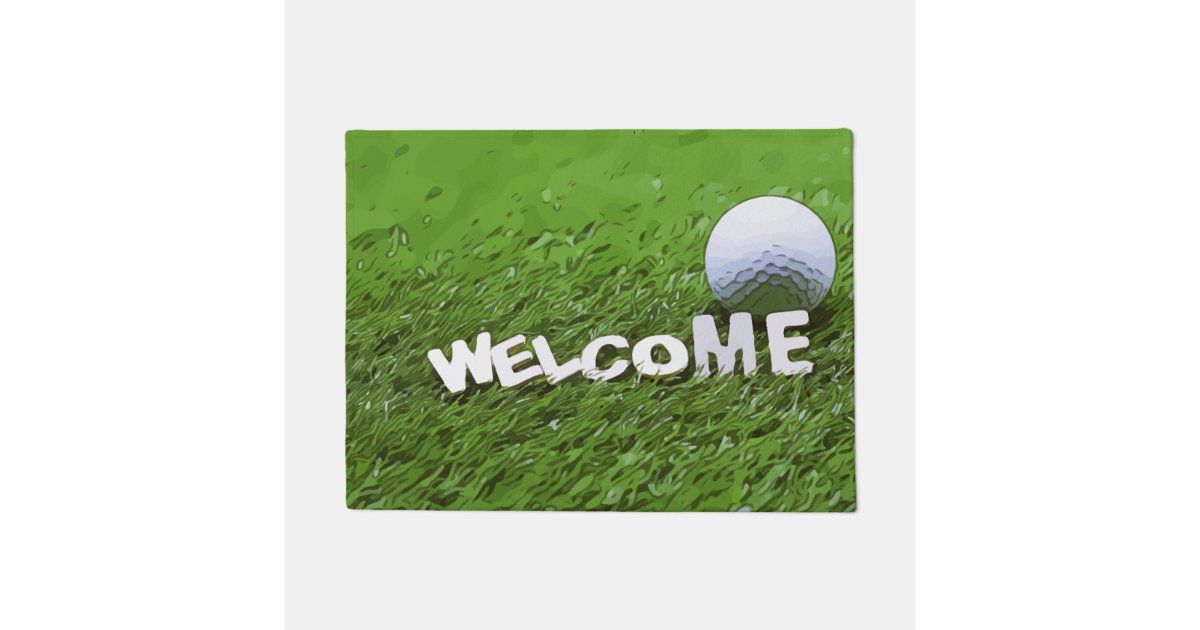 Welcome golfer with golf ball on green grass doormat | Zazzle